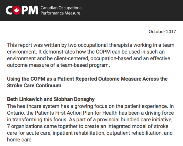 Using the COPM as a Patient Reported Outcome Measure Across the Stroke ...